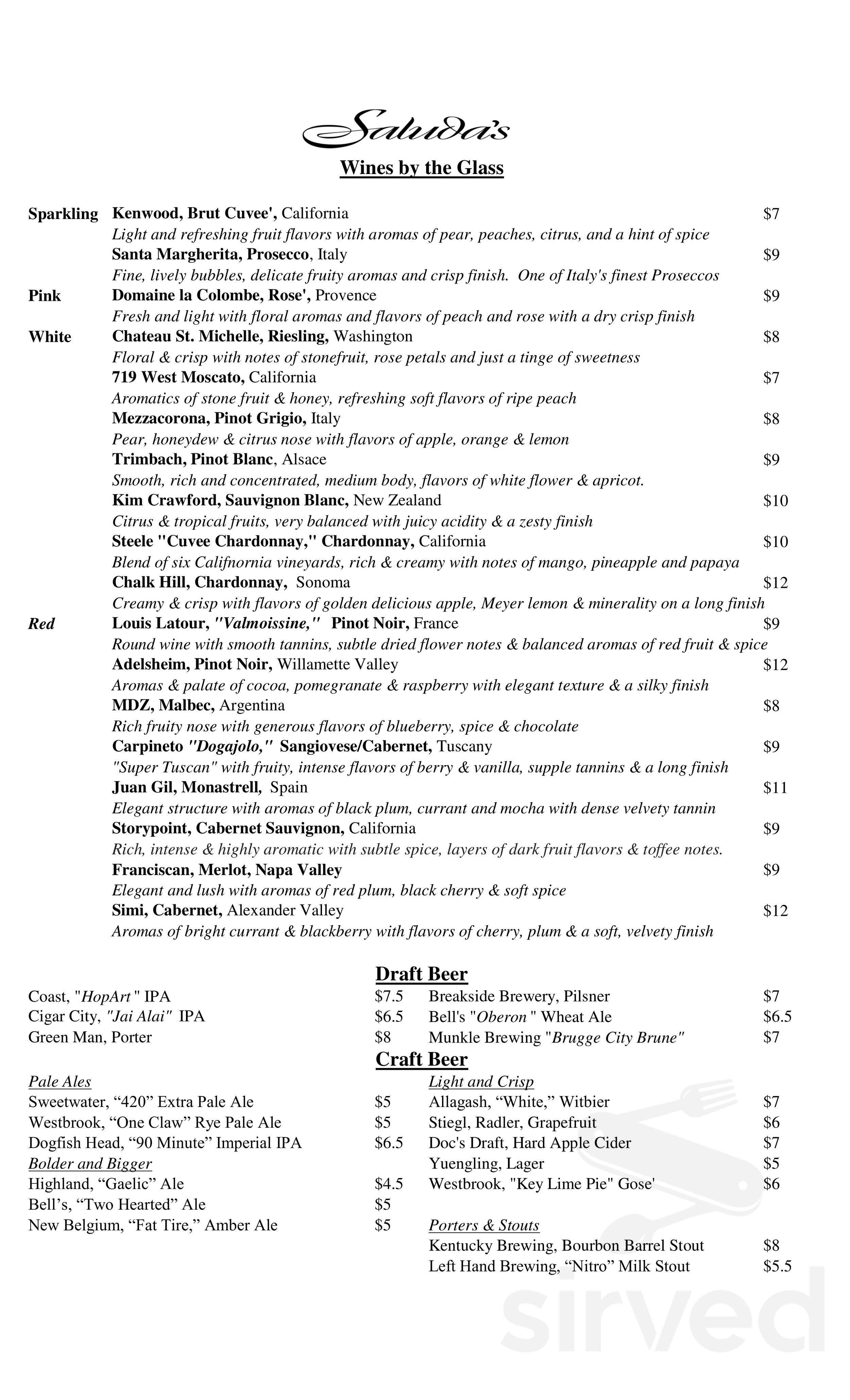 Saluda's Restaurant menu in Columbia, South Carolina, USA