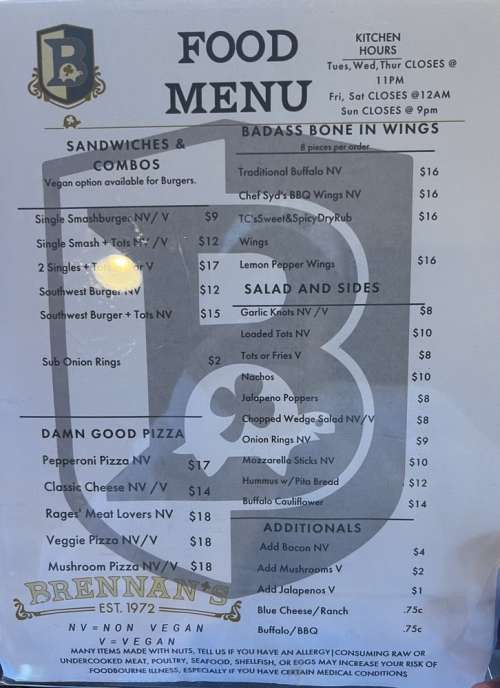 Brennan's menu in Marina Del Rey, California, USA