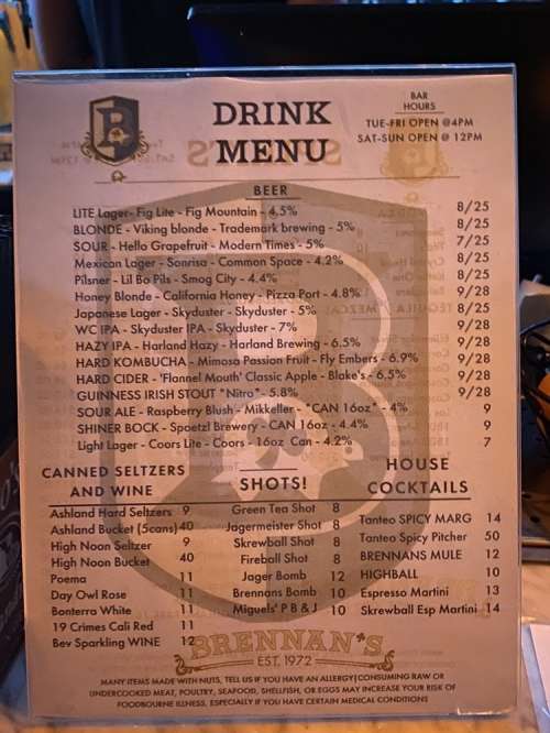 Brennan's menu in Marina Del Rey, California, USA