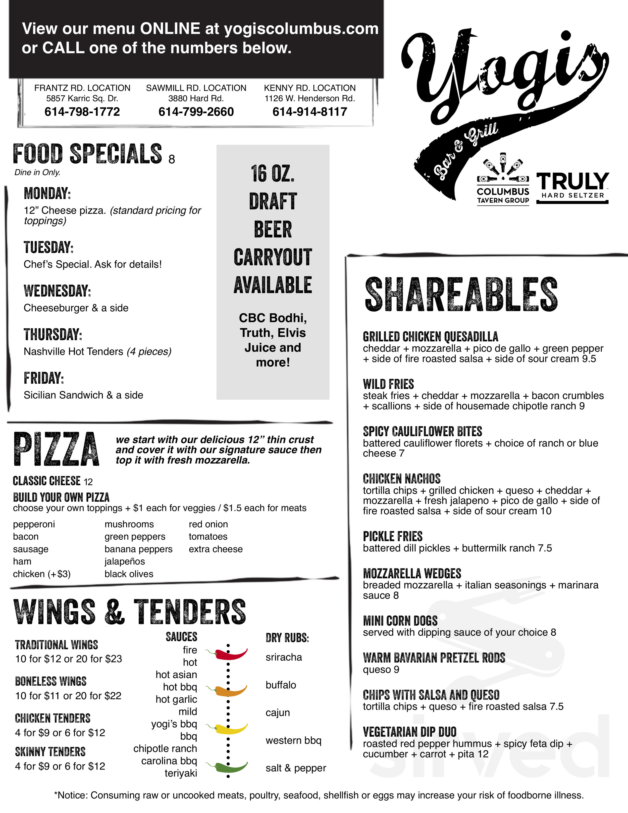 Menu - Columbus OH's Yogi’s Bar & Grill | Sirved