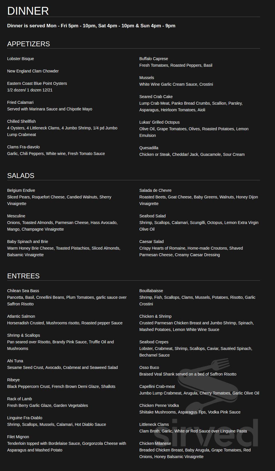 Lukas' Seafood & Grille menu in Warren, New Jersey, USA