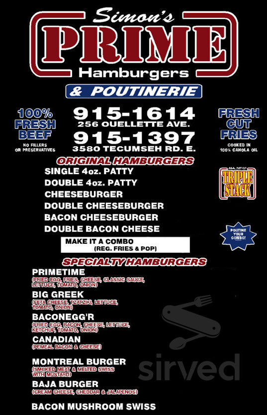 Menu for Simon's Prime Hamburgers - Windsor, ON | Sirved