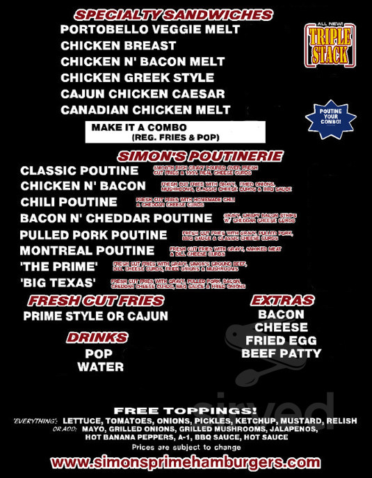 Simon's Prime Hamburgers menus in Windsor, Ontario, Canada