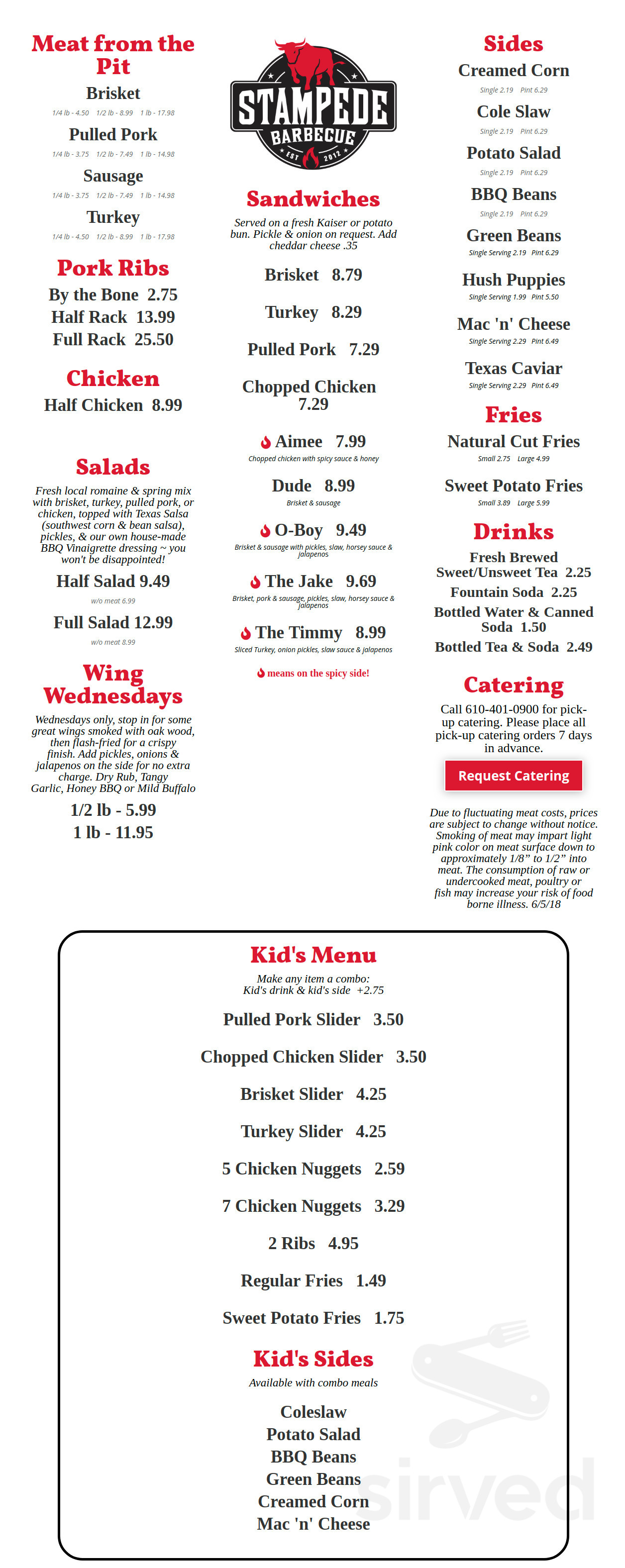 Stampede Barbecue menu in Mohnton, Pennsylvania, USA