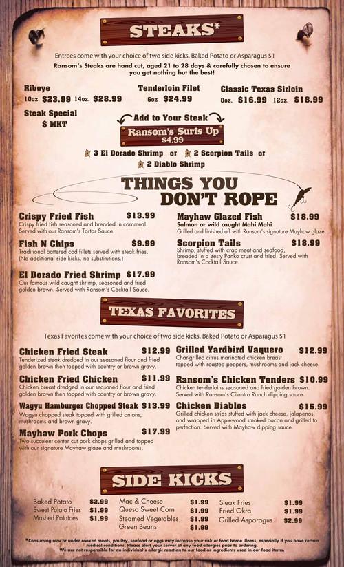 Ransom's Steakhouse & Saloon menu in Montgomery, Texas, USA