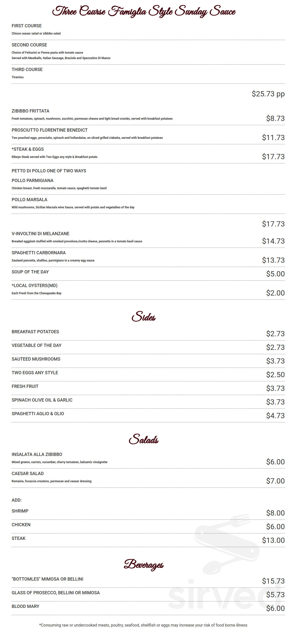Zibibbo 73 - Authentic Italian Trattoria menu in Stafford, Virginia, USA
