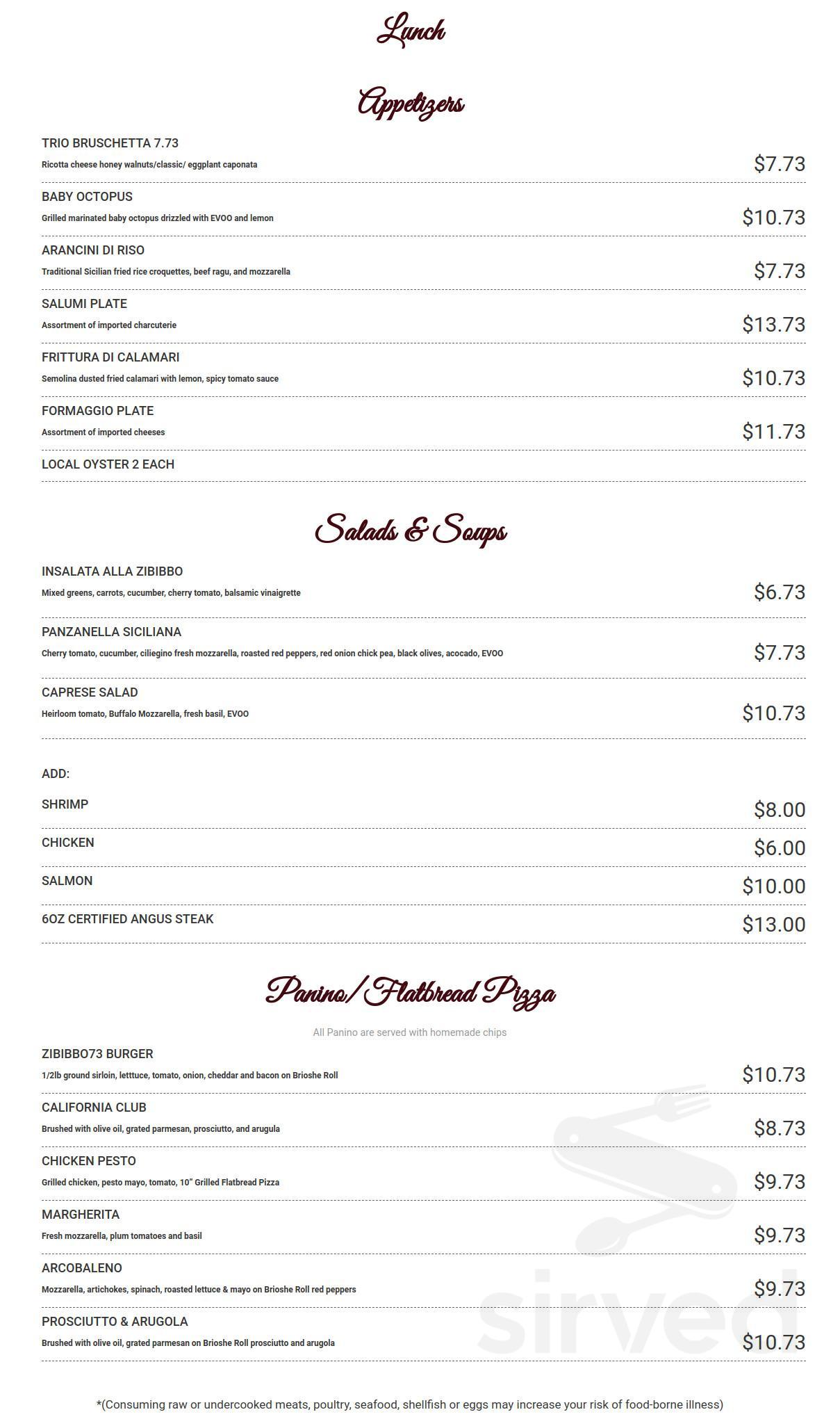 Zibibbo 73 - Authentic Italian Trattoria menu in Stafford, Virginia, USA