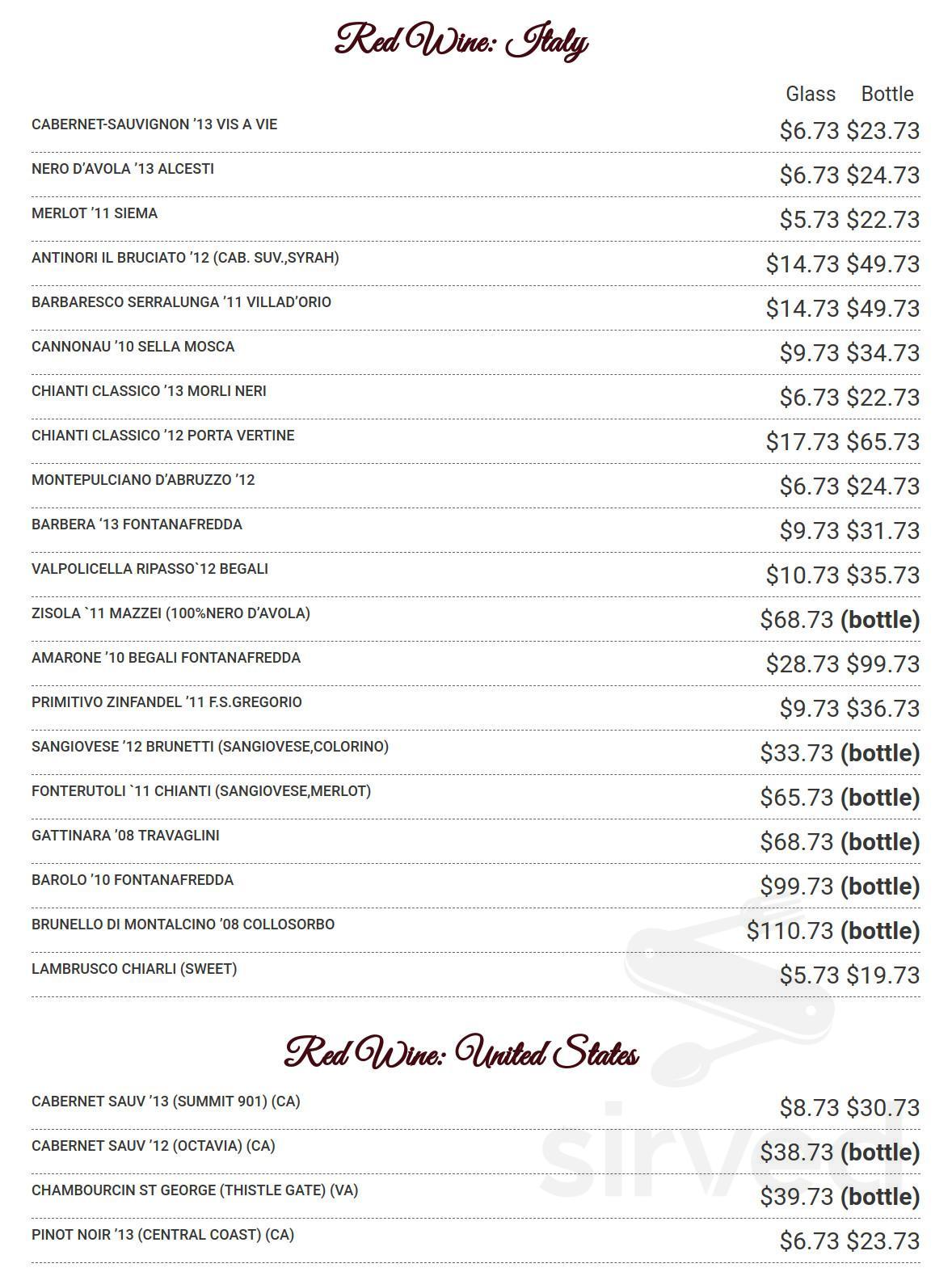 Zibibbo 73 - Authentic Italian Trattoria menu in Stafford, Virginia, USA