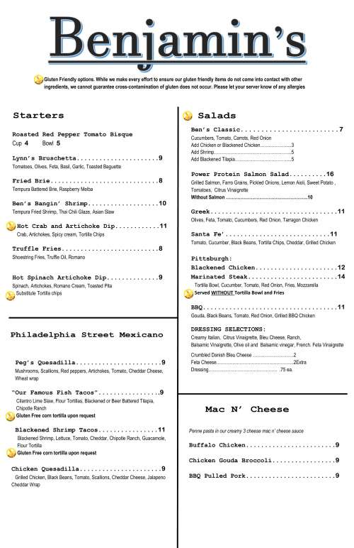 Benjamin's menu in Indiana, Pennsylvania, USA