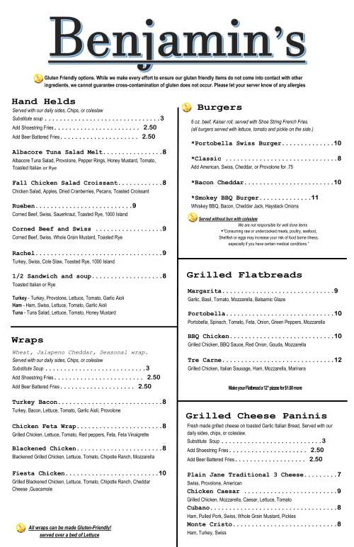 Benjamin's menu in Indiana, Pennsylvania, USA