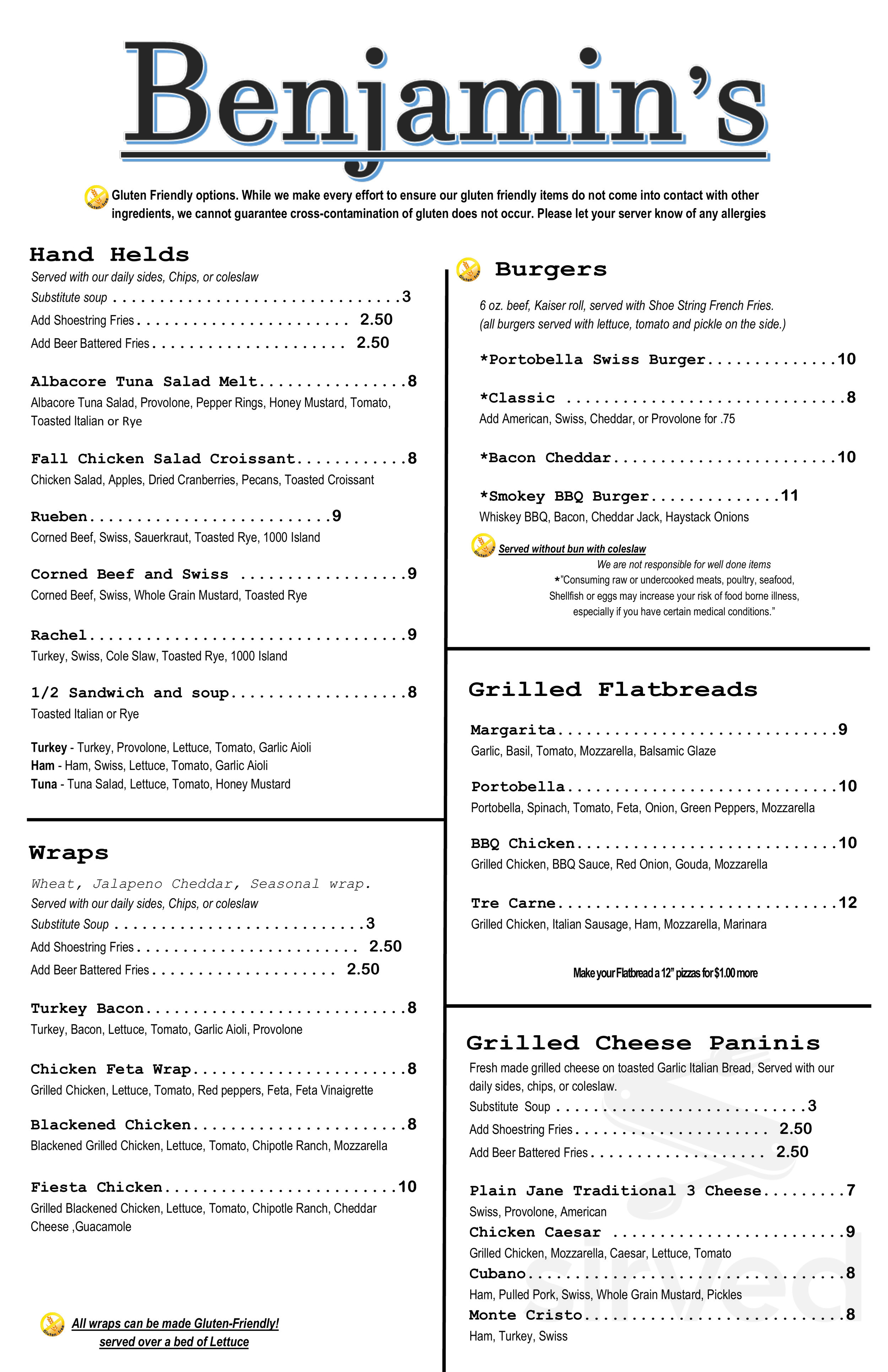 Benjamin's menu in Indiana, Pennsylvania, USA