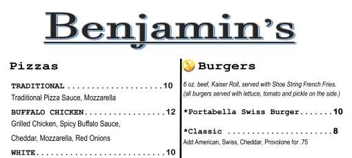 Menu for Benjamin's in Indiana, PA | Sirved