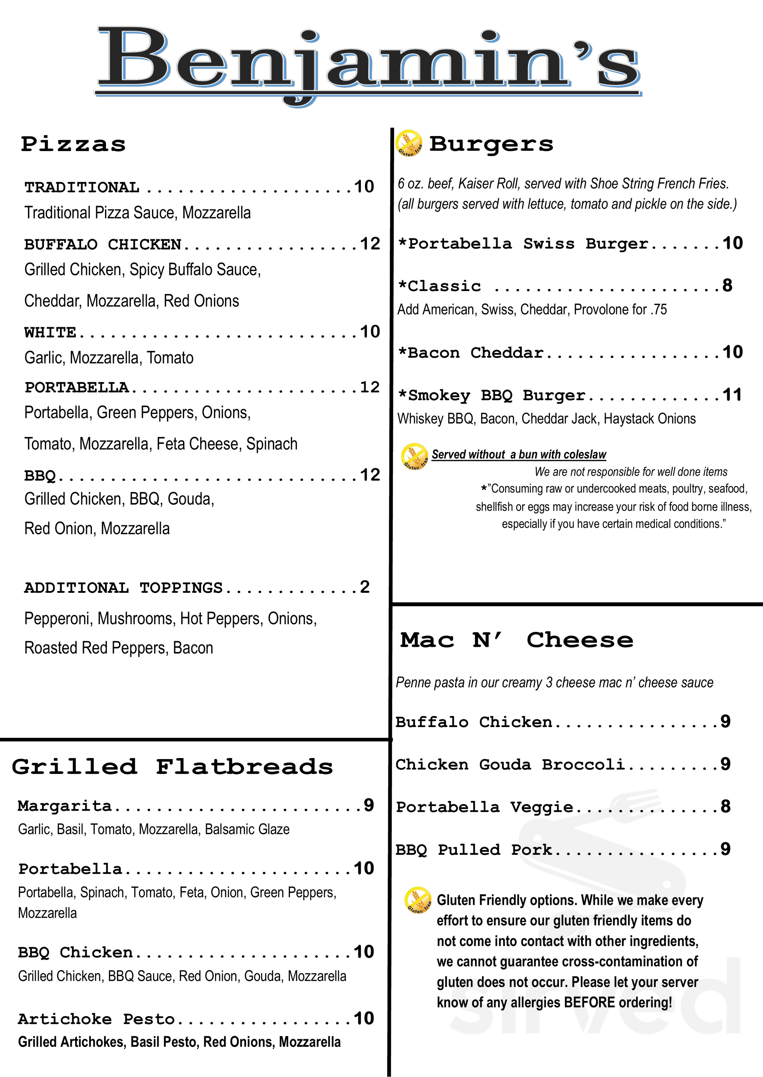 Benjamin's menu in Indiana, Pennsylvania, USA