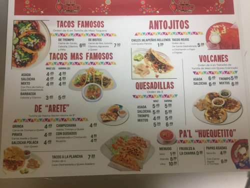 Tacos "El Rorro" menu in Brownsville, Texas, USA