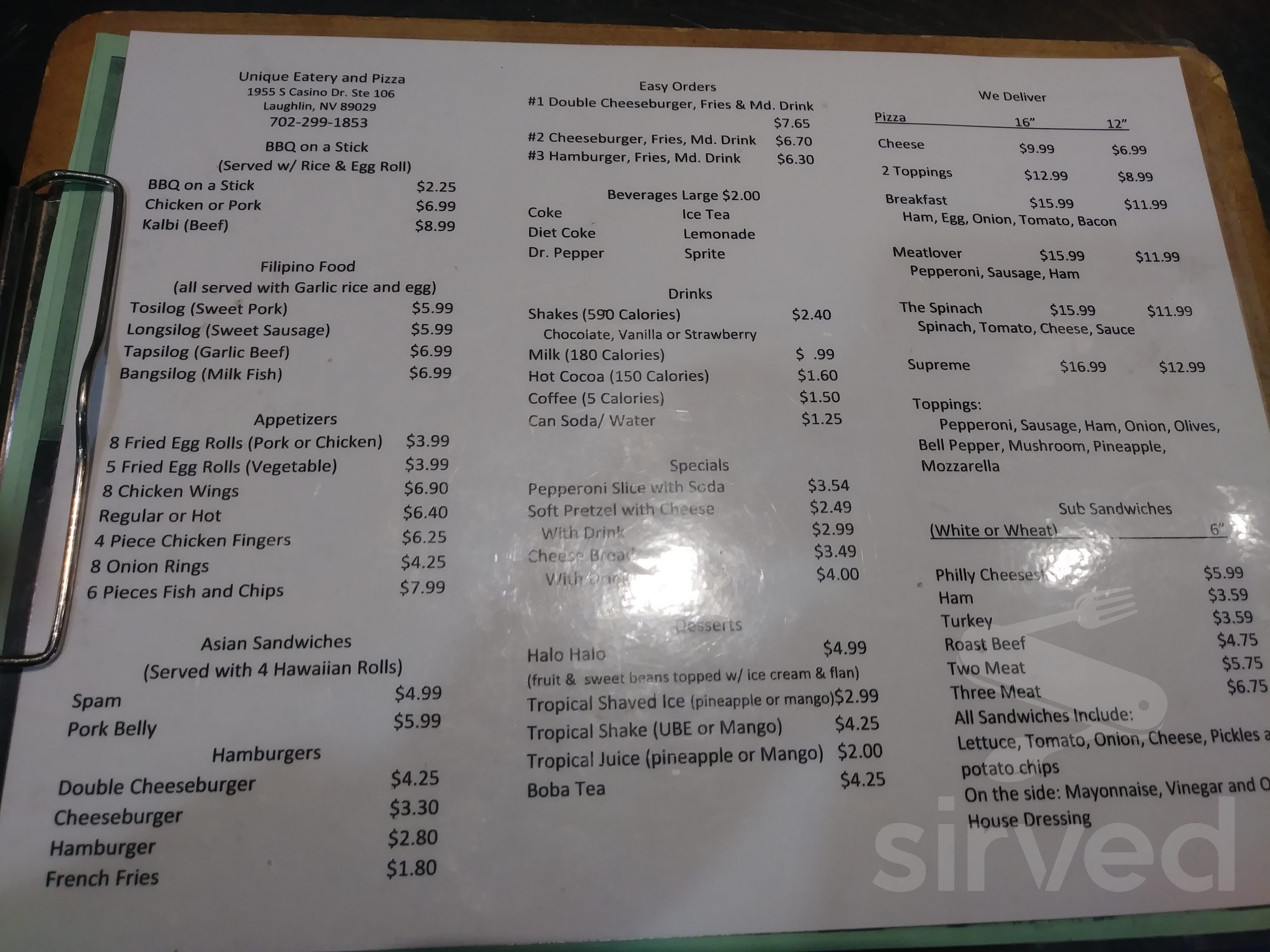 Unique Eatery menu in Laughlin, Nevada, USA
