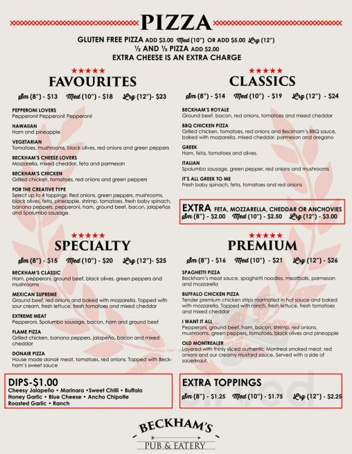 Menu - Calgary AB's Beckham's Pub & Eatery | Sirved
