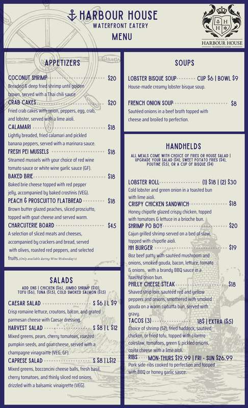 Harbour House Waterfront Eatery menu in Windsor, Ontario, Canada