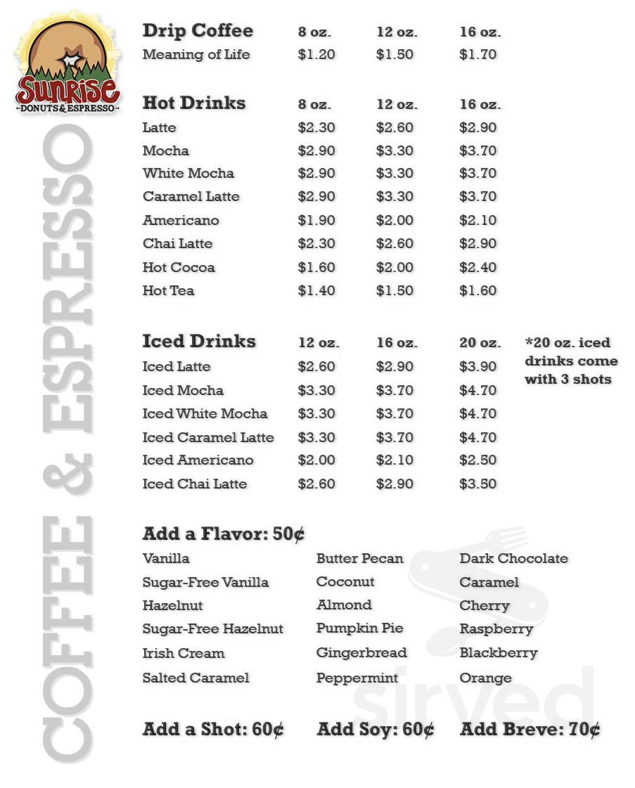 Sunrise Donuts & Espresso menu in Redmond, Washington, USA