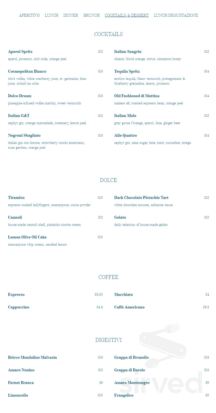 Dolce Riviera menu in Dallas, Texas, USA