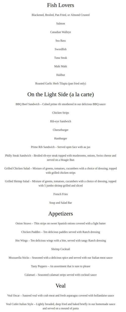 Benedetti's Supper Club menu in Beloit, Wisconsin, USA