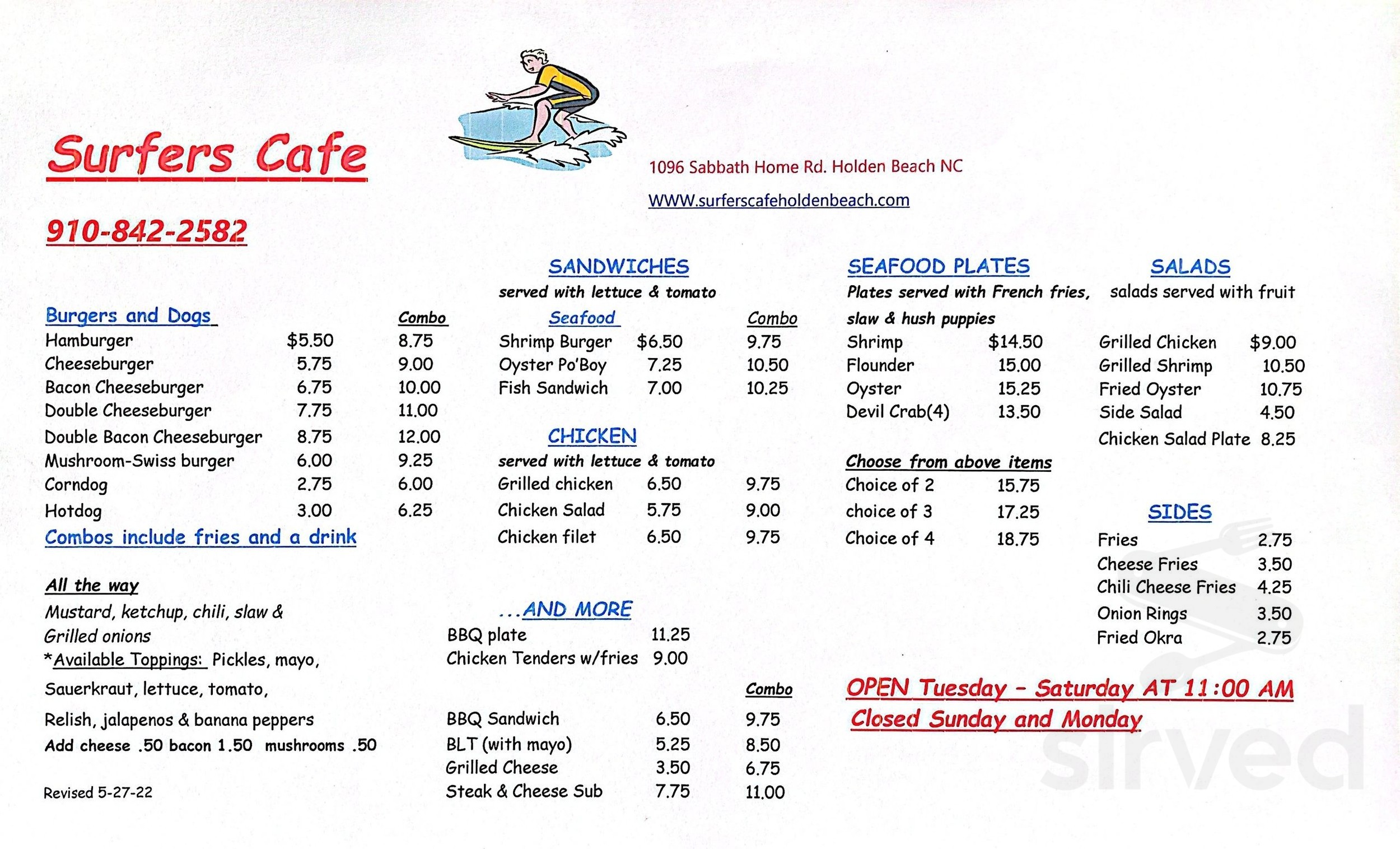 Surfers Cafe Inc menu in Supply, North Carolina, USA