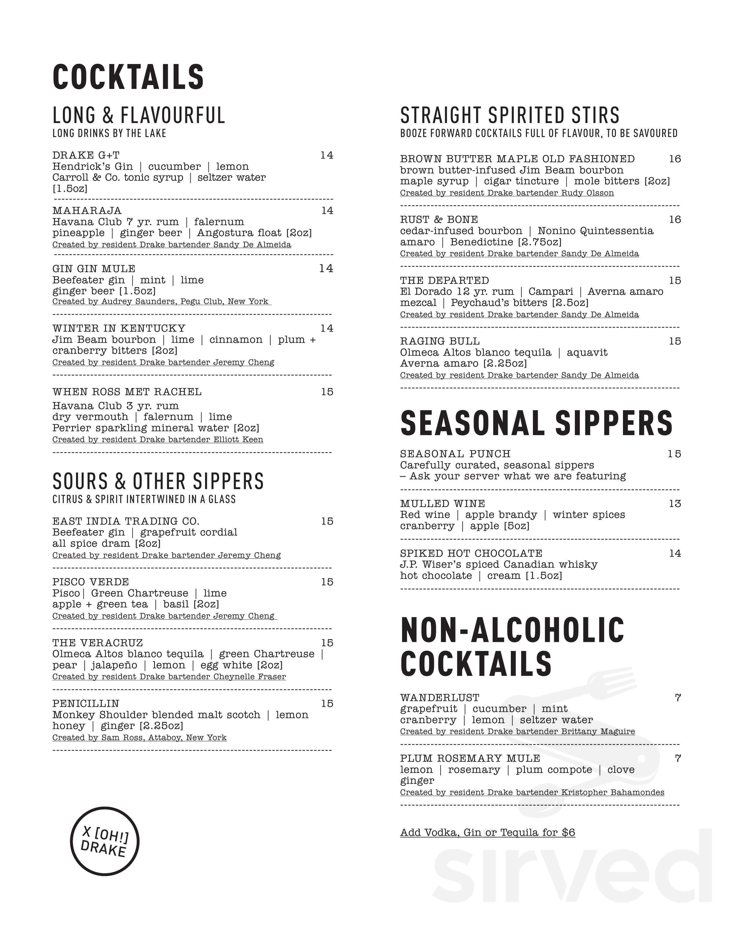 Menu - Wellington ON's Drake Devonshire | Sirved