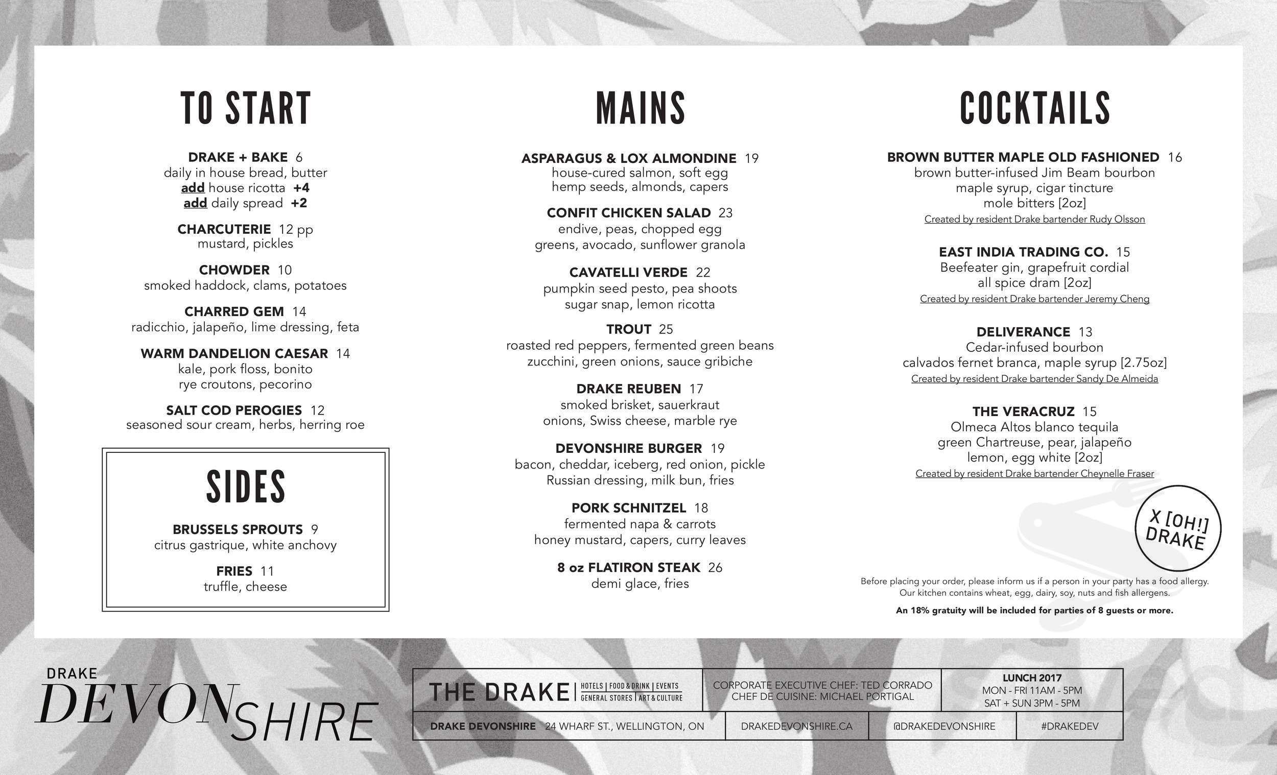 Drake Devonshire menu in Wellington, Ontario, Canada
