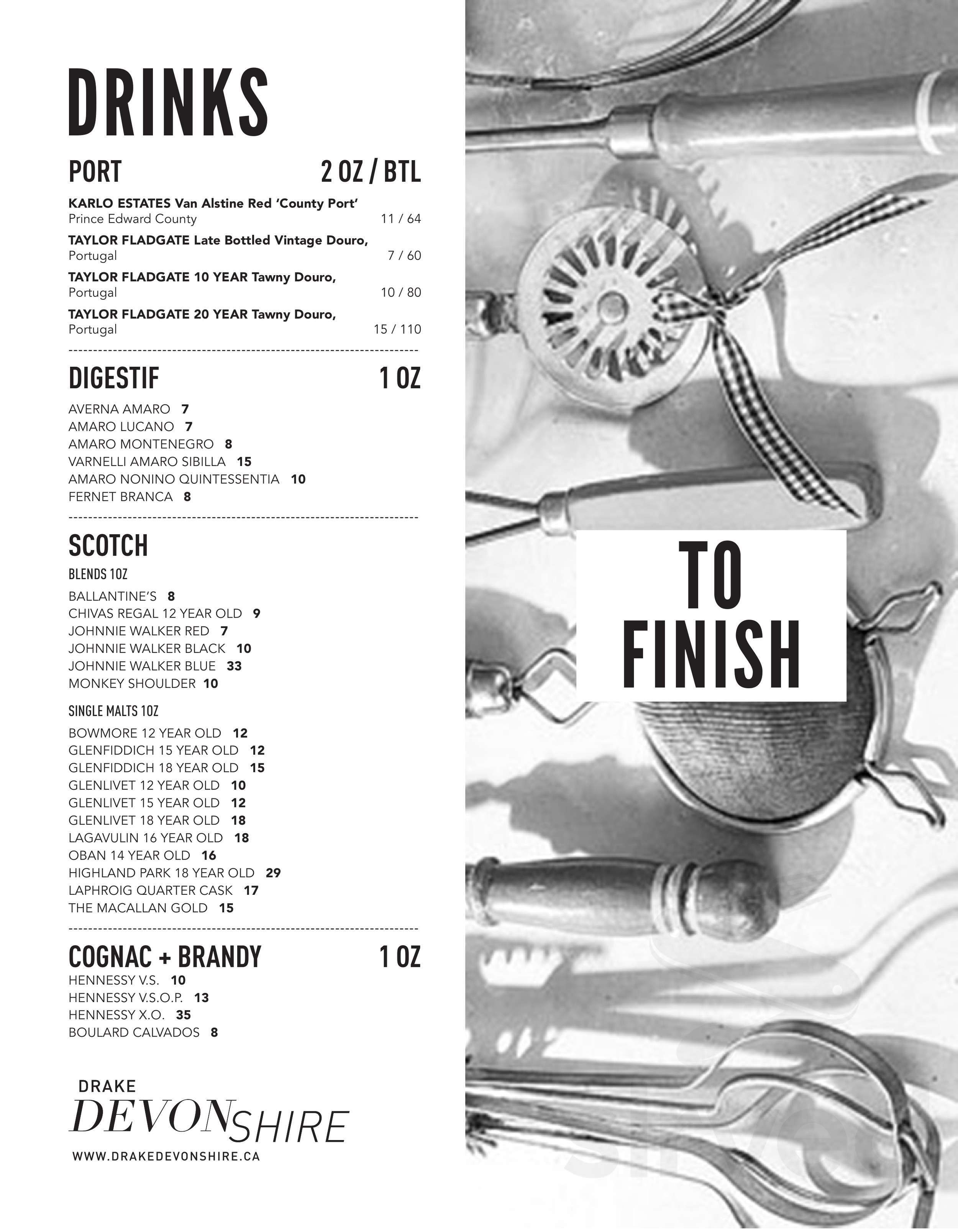 Menu - Wellington ON's Drake Devonshire | Sirved