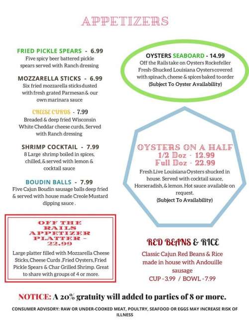 Off the Rails menu in Dickson, Tennessee, USA