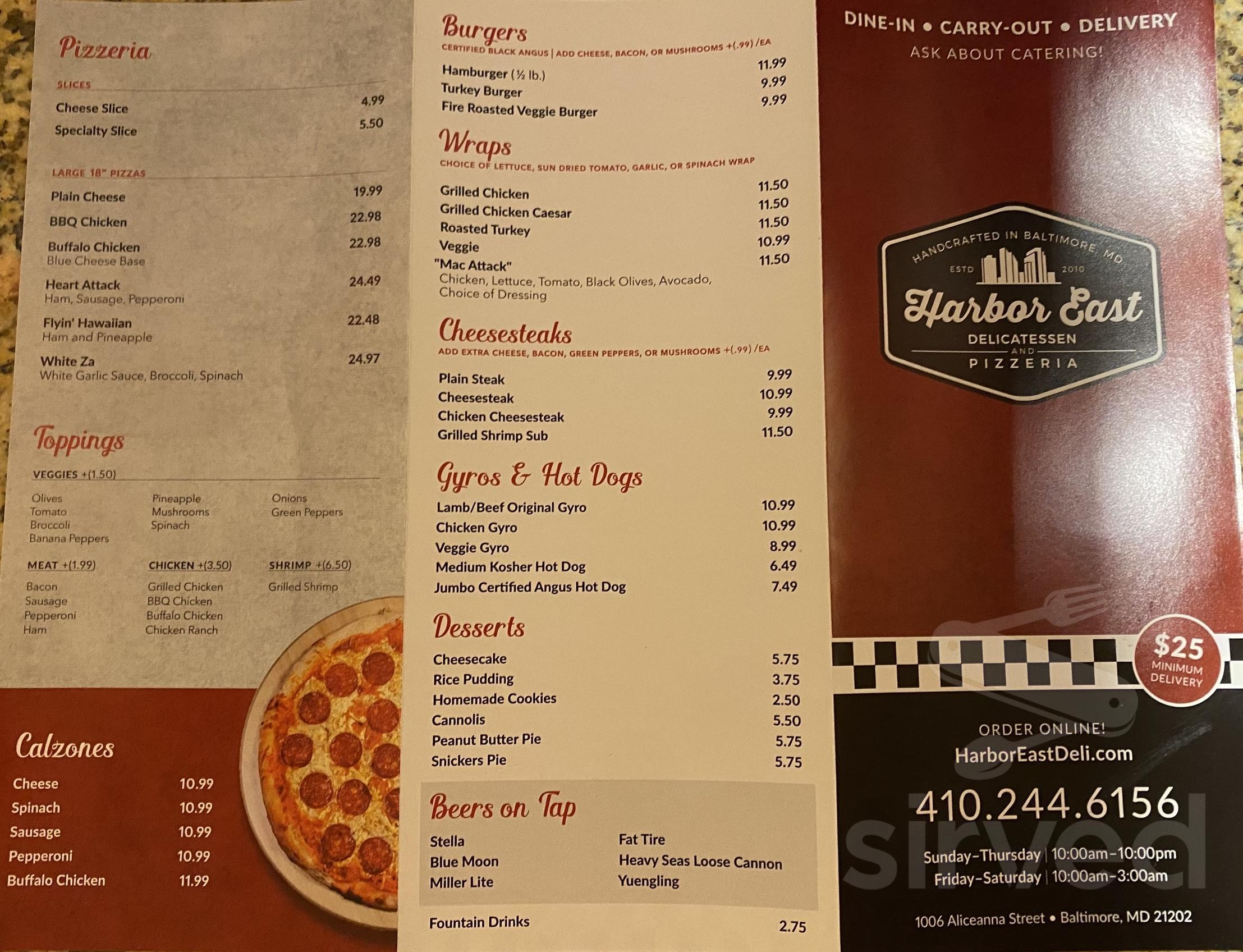 Harbor East Delicatessen & Pizzeria menu in Baltimore, Maryland, USA