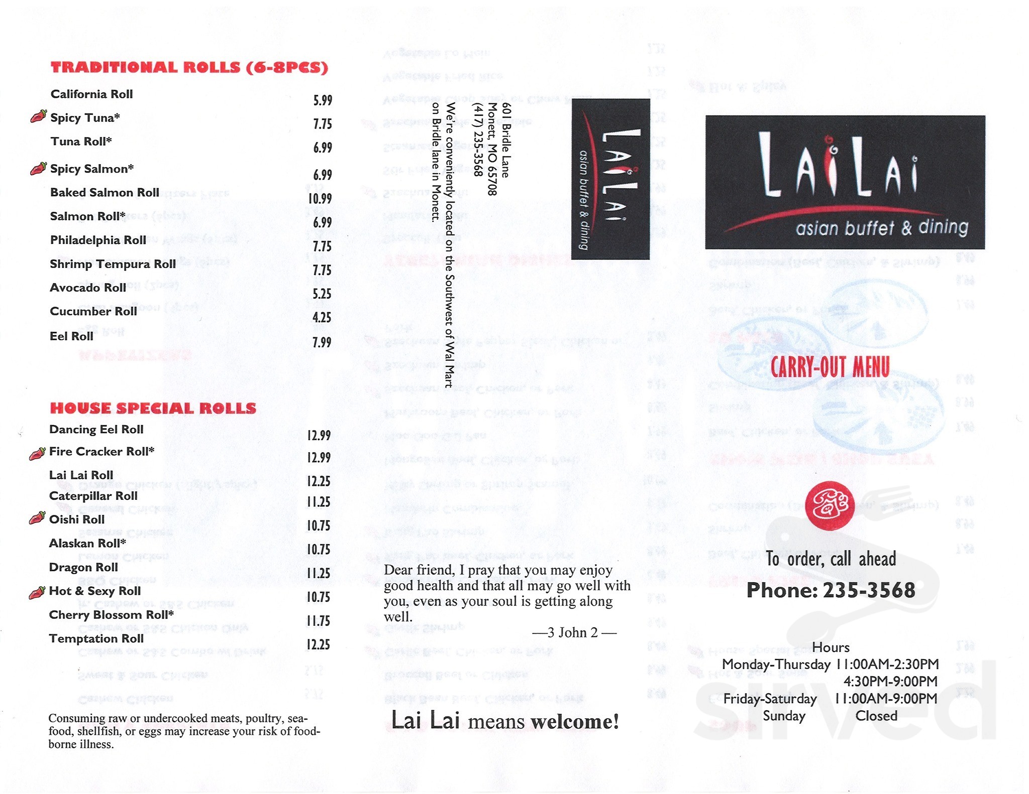 Lai Lai Asian Buffet and Dining menu in Monett, Missouri, USA