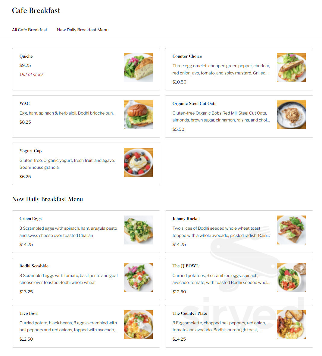 Bodhi Cafe and Bakery menu in Corvallis, Oregon, USA