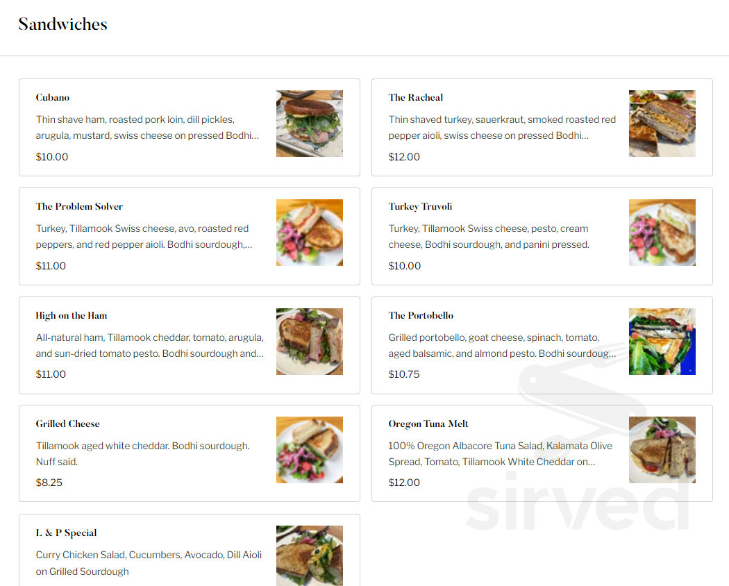 Bodhi Cafe and Bakery menu in Corvallis, Oregon, USA