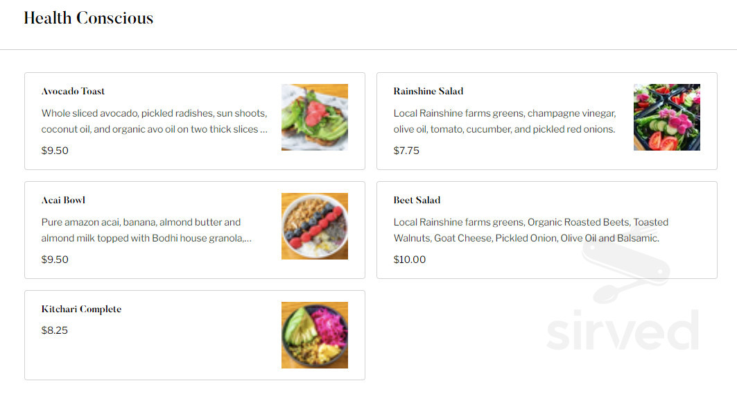 Bodhi Cafe and Bakery menu in Corvallis, Oregon, USA