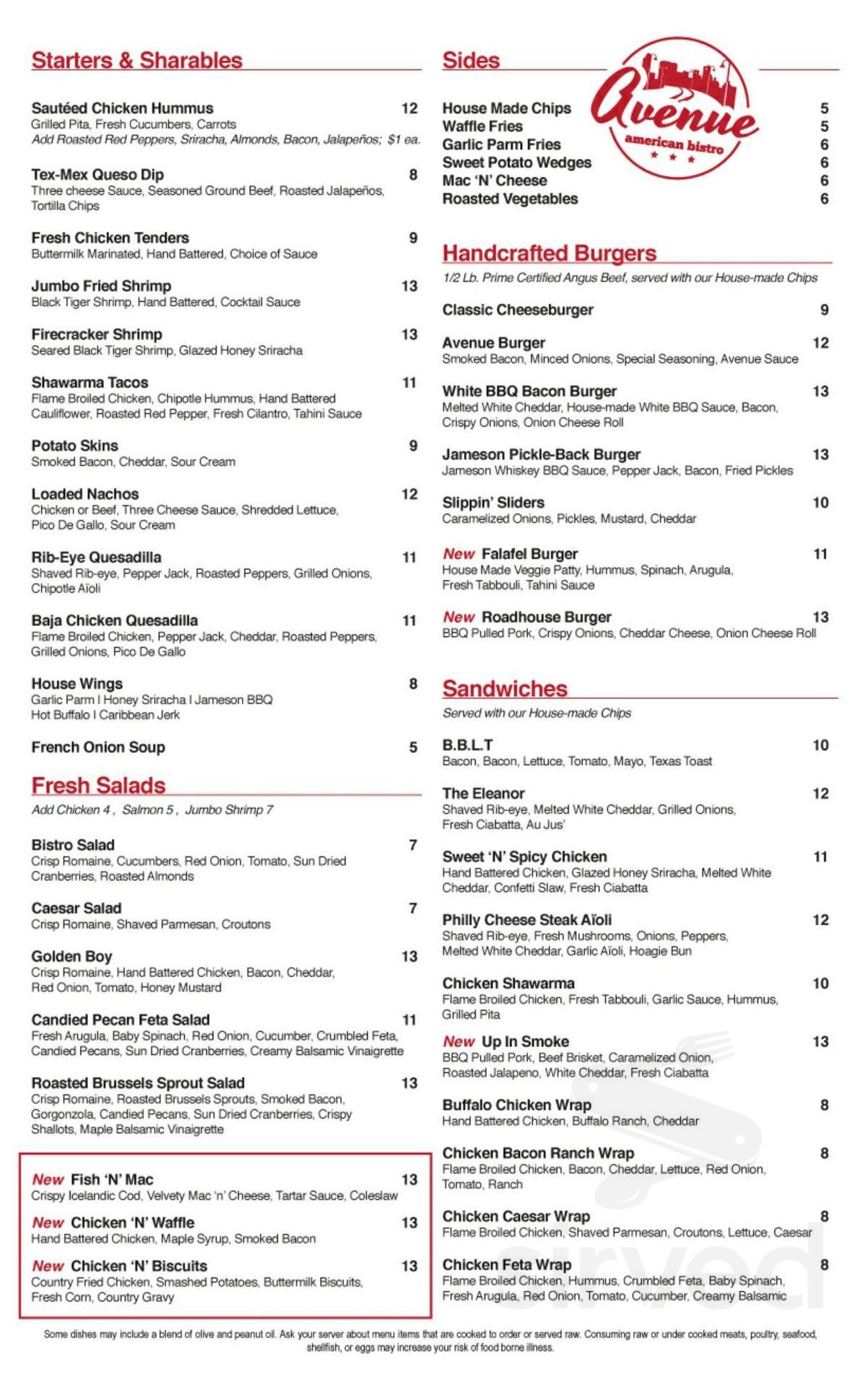 Menu for Avenue American Bistro in Wayne, MI | Sirved