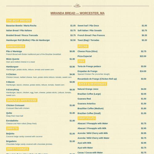 Miranda Bread menu in Framingham, Massachusetts, USA