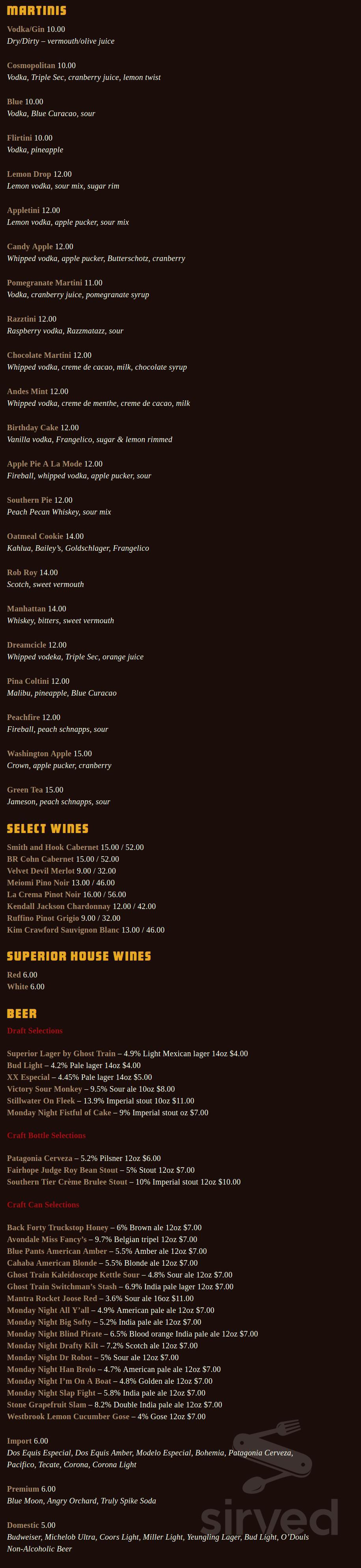 Superior Grill menu in New Orleans, Louisiana, USA