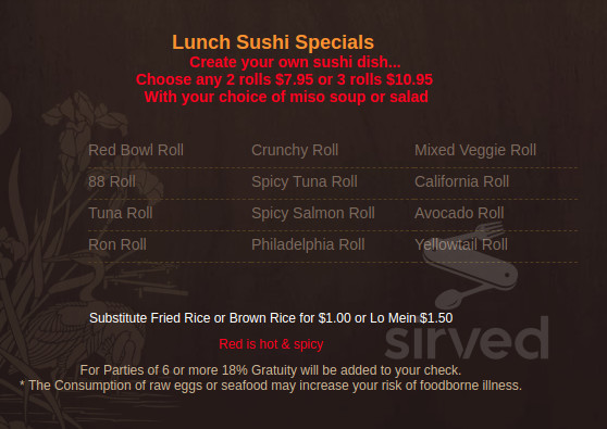 Red Bowl Asian Bistro menu in Greenwood, South Carolina, USA