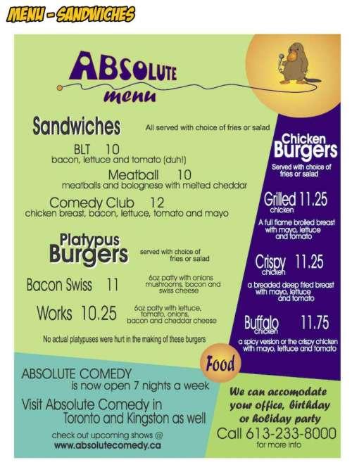 Absolute Comedy Toronto menu in Toronto, Ontario, Canada