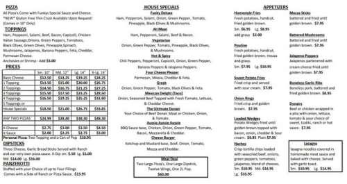 Funky Pizza menu in Sparwood, British Columbia, Canada