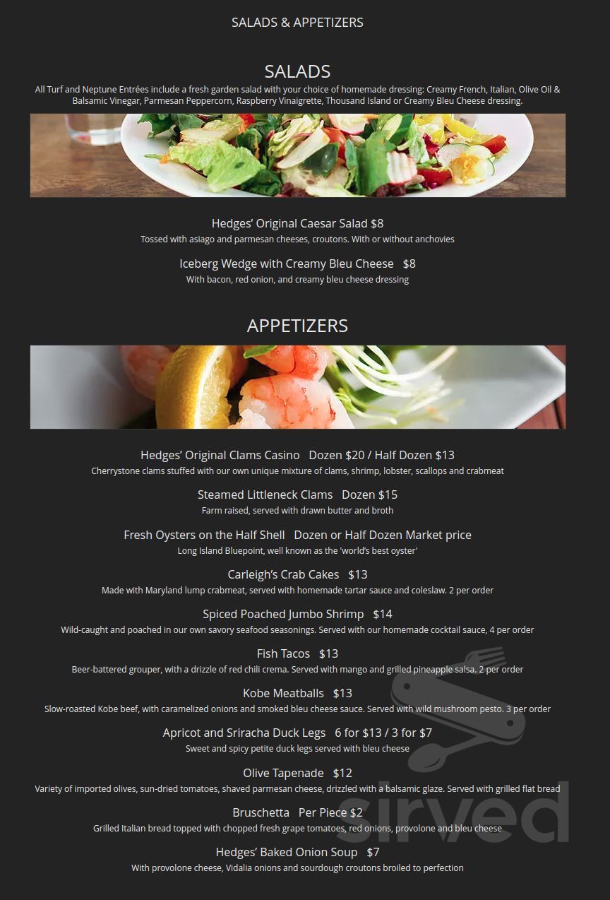 Menu for Hedges Nine Mile Point Restaurant in Webster, NY | Sirved