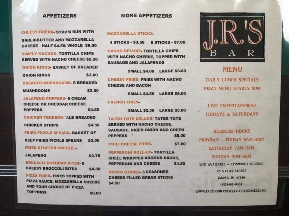 Menu - Jasper IN's JR's Bar | Sirved