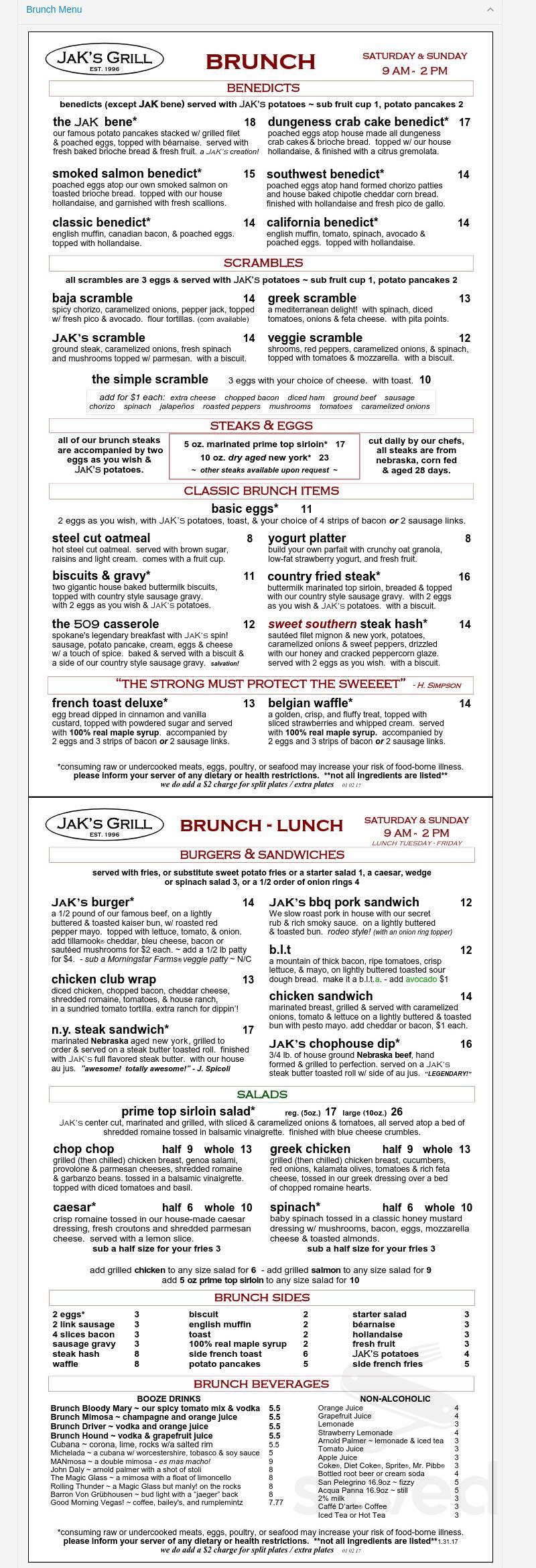 JaK's Grill menu in Seattle, Washington, USA