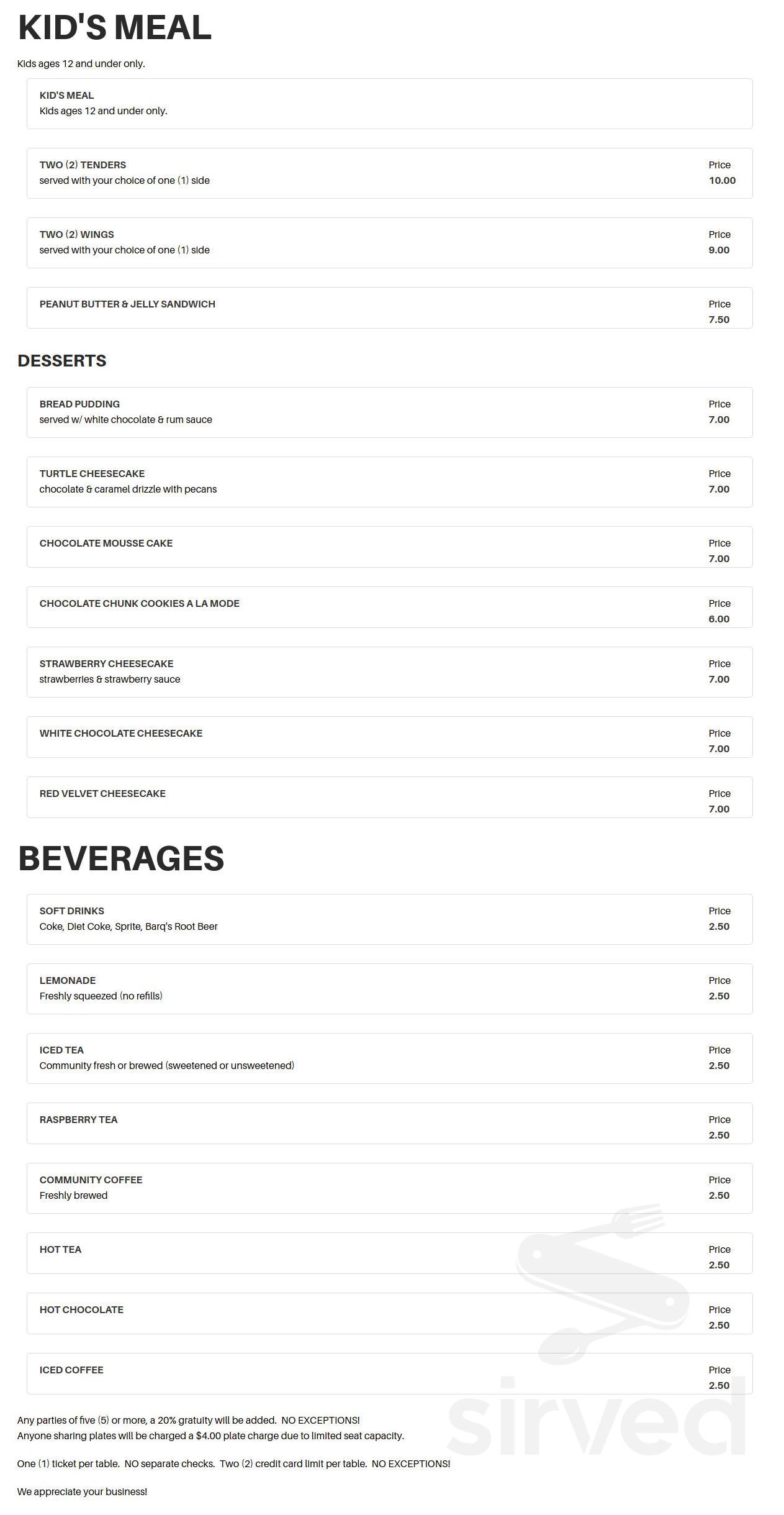 Menu - New Orleans LA's Willie Mae’s | Sirved