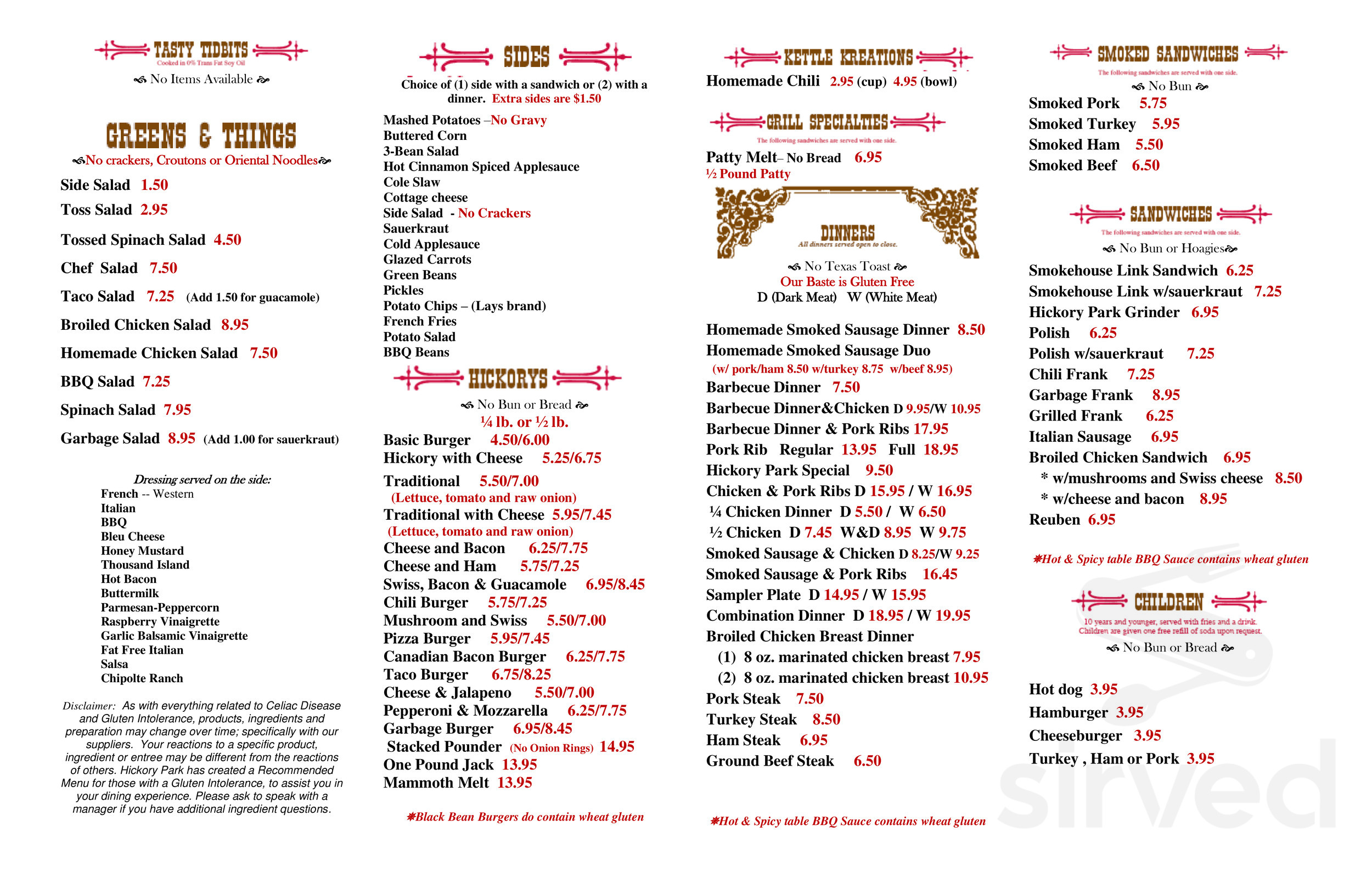 Menu for Hickory Park in Ames, Iowa, United States