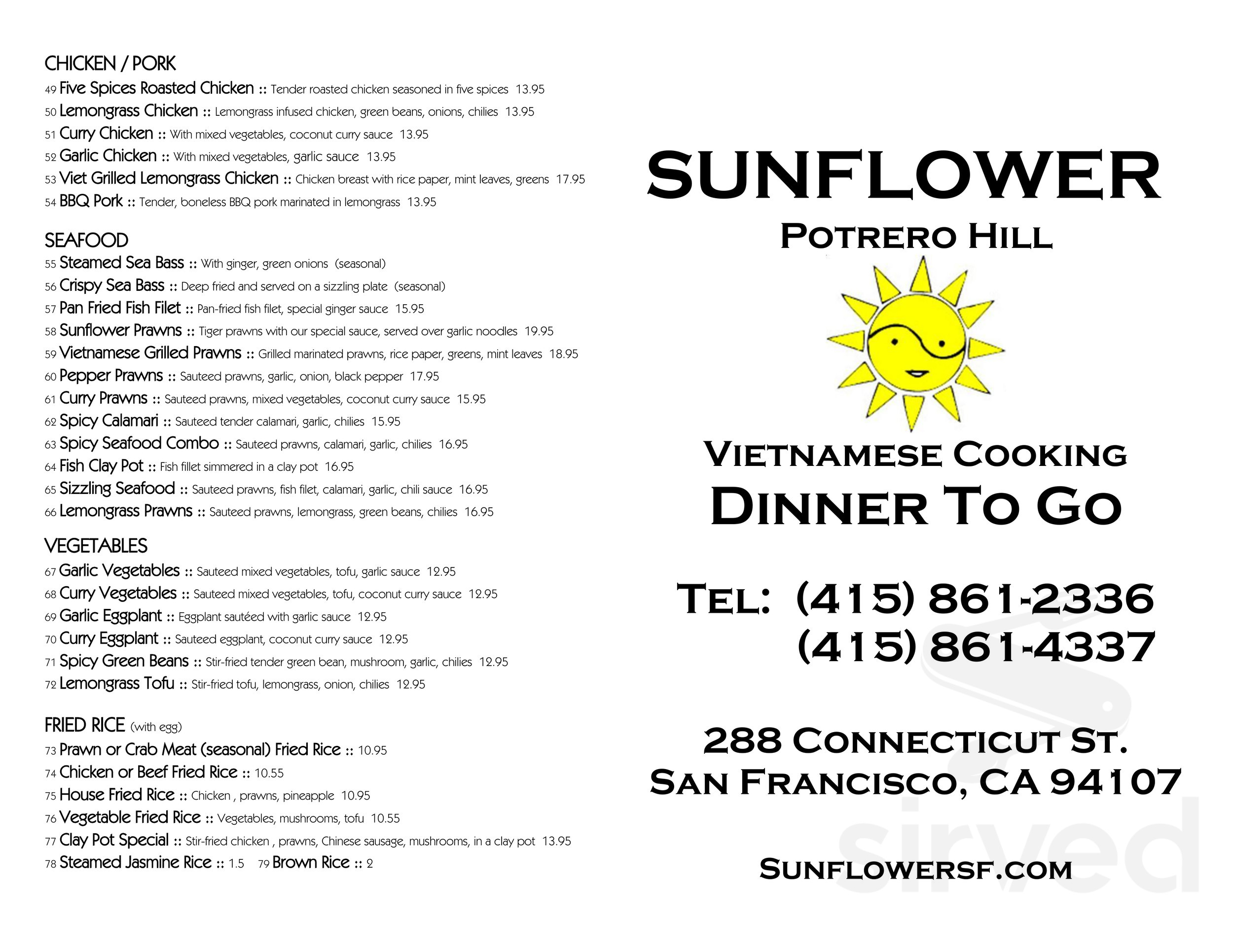 Sunflower Vietnamese Restaurant menu in San Francisco, California, USA