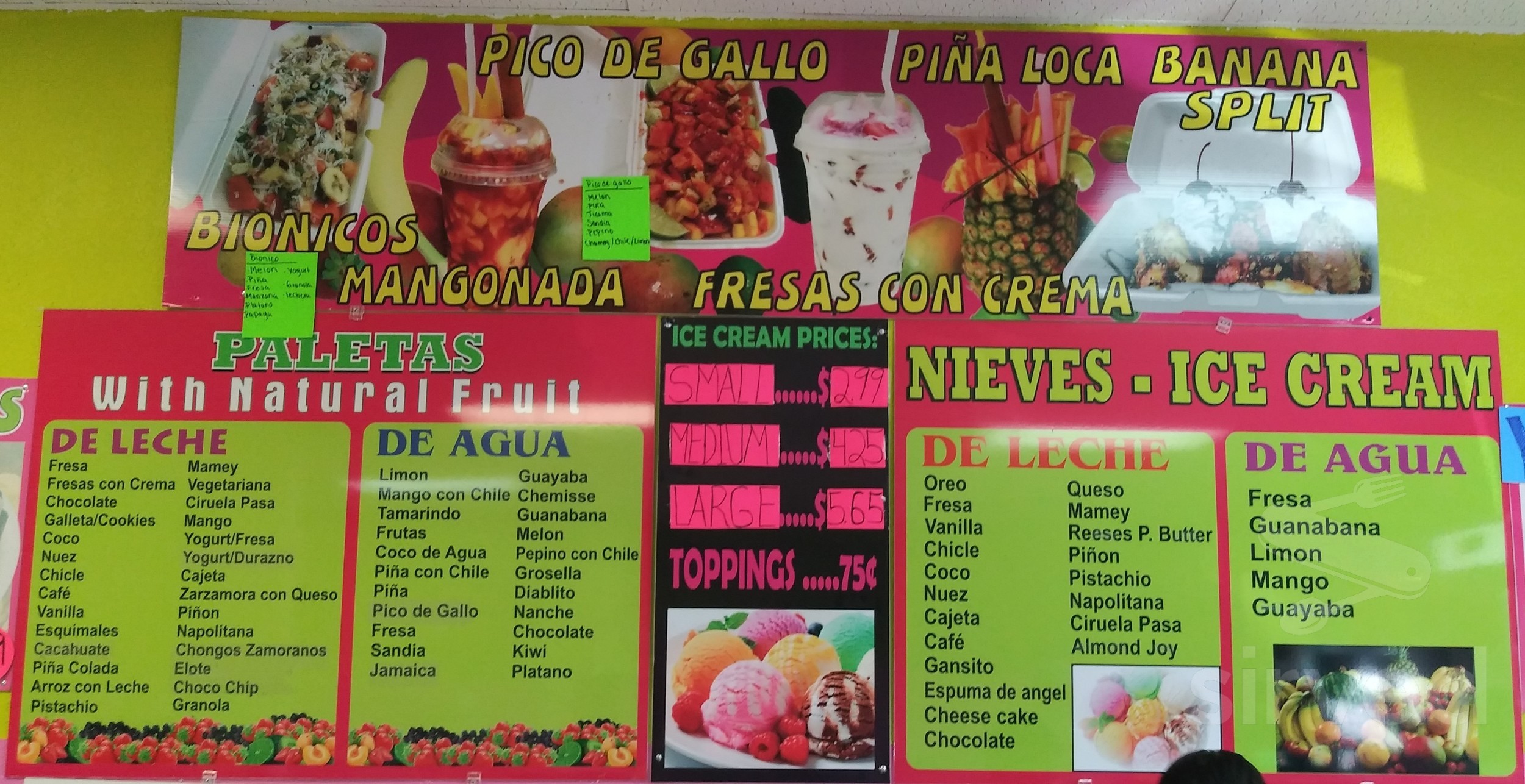 La Flor de Michoacan Paleteria menu in San Antonio, Texas, USA