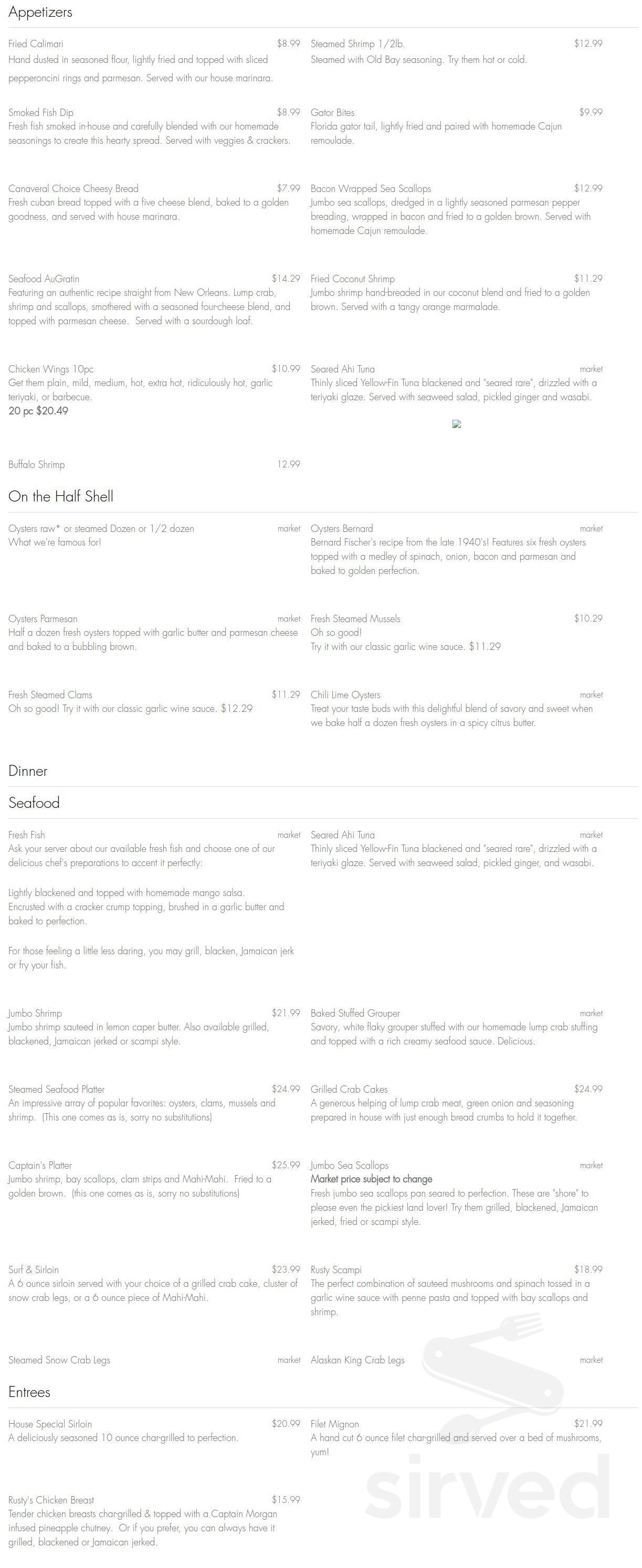 Rusty's Seafood and Oyster Bar menu in Cape Canaveral, Florida, USA