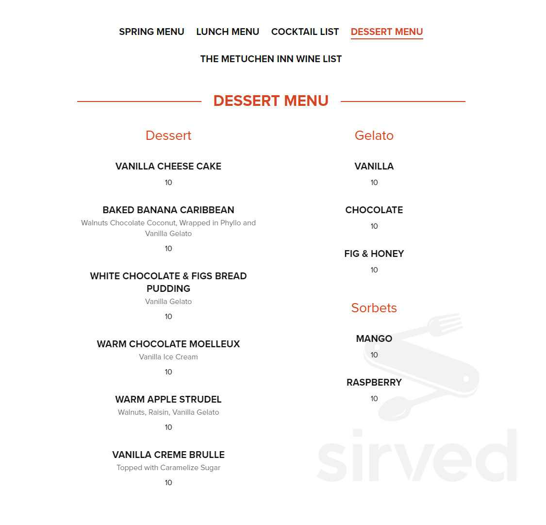 Menu - Metuchen NJ's Metuchen Inn | Sirved