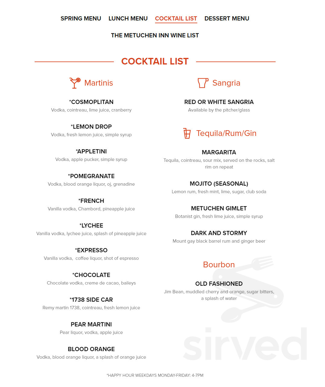 Menu - Metuchen NJ's Metuchen Inn | Sirved